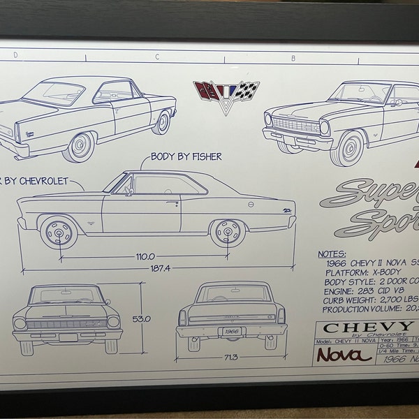 1966 Mustang Fastback "blueprint Drawing" Unframed Color Poster Print ...