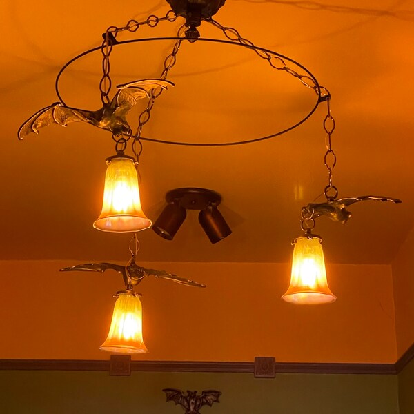 LG1 Solid BRONZE Bat Gothic Chandelier With Choice of Leaded Glass ...