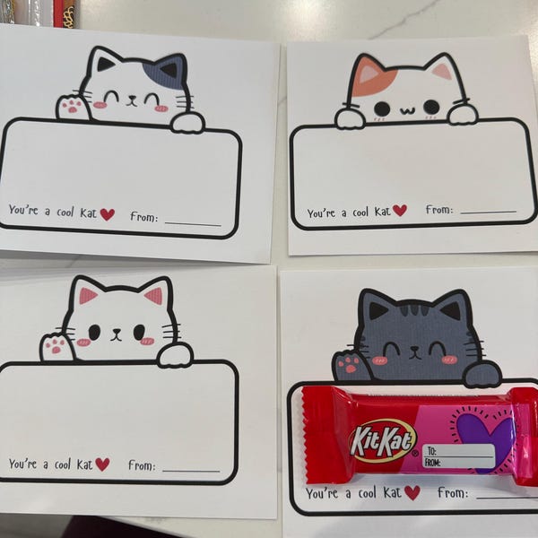 Printable Cat Valentine Favor Tag – Kitkat Candy Treat, Classroom ...