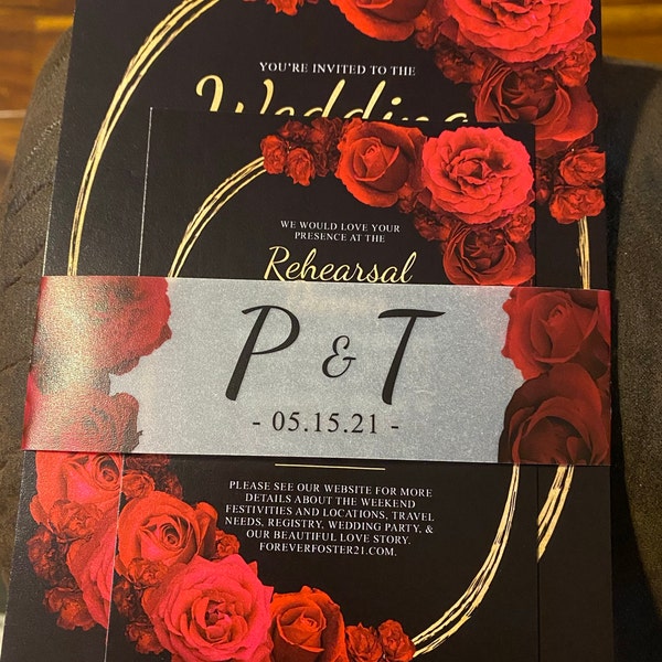 Red Rose Black and Gold Wedding Invitation Suit, RSVP, Personalized and ...