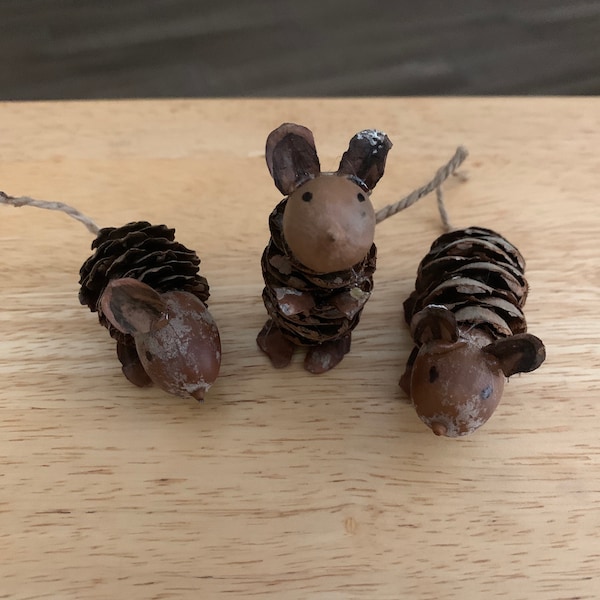 Set of Three Small Pine Cone and Acorn Mice. Ornaments or Table ...