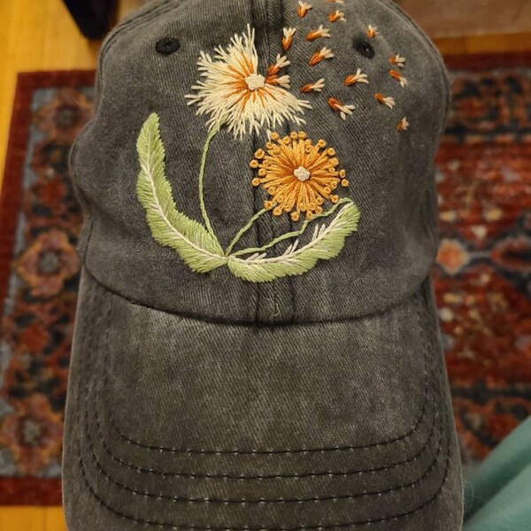 Floral Embroidered Cap, Custom Embroidery Hat, Hand Dandelion ...