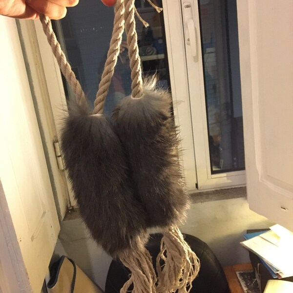 Natural Rabbit Fur and Linen Rope Dog Toy for Tug-of-war and Chasing ...