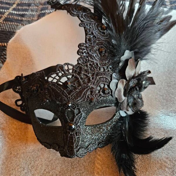 Carnival Costume Black Gold Jester Feather Handle Harlequin Masquerade ...