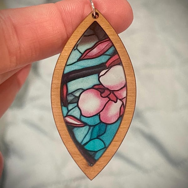 Mosaic Stained Glass Earrings // Teardrop // Mahogany Wood // Bright ...