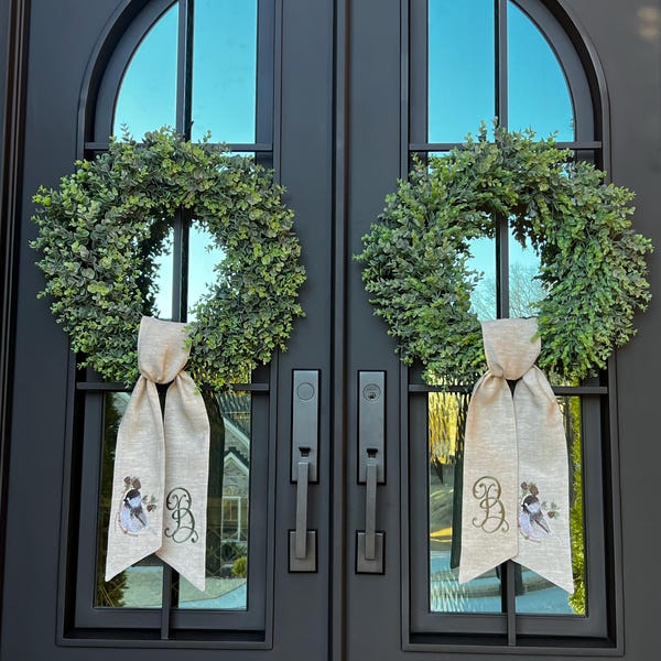100% Linen Monogrammed Wreath Sash, Basket Sash Patriotic Chinoiserie ...