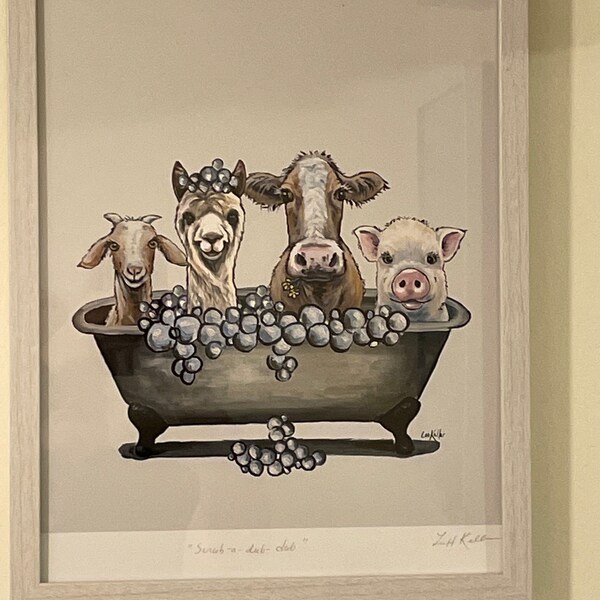 Farm Animal Bathroom Decor - Farmhouse Cow Goat Pig Alpaca in Tub Art ...
