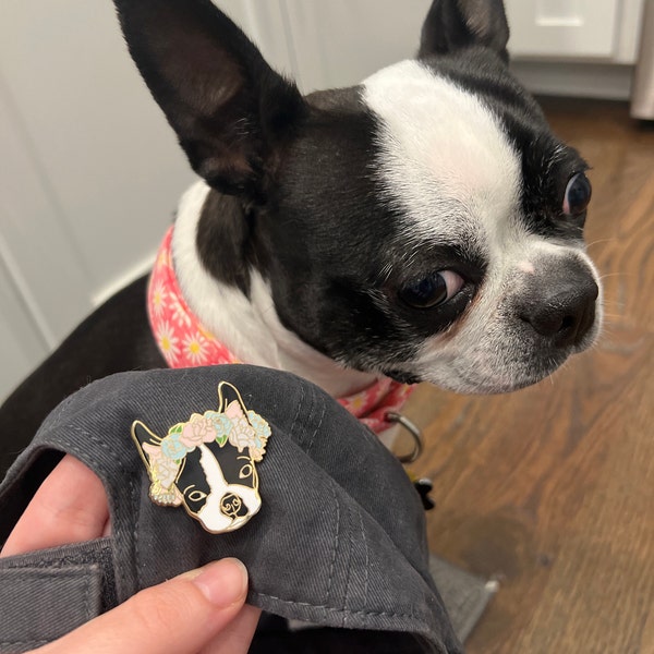 Boston Terrier Flower Crown Enamel Pin - Etsy