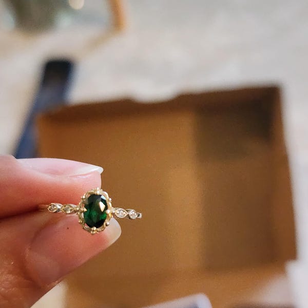 14K Solid Gold Natural Emerald Ring: Art Deco Genuine Raw Birthstone ...