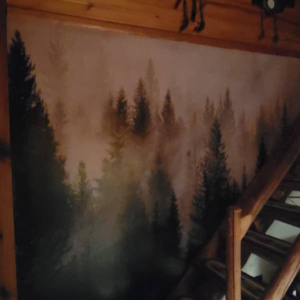 Misty Pine Tree Forest Landscape Wallpaper. Peel and Stick Wall Mural. Bathroom Forest Vintage ...