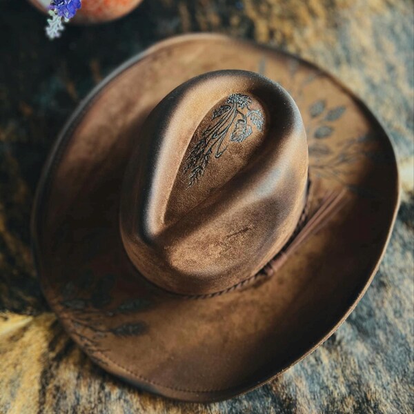 Hand Burned Mountain Hat | Western Cowgirl Suede Look | Adjustable Wide ...