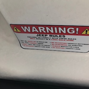 WARNING Vehicle Rules Instructions Safety Funny Adhesive Sticker Decal ...