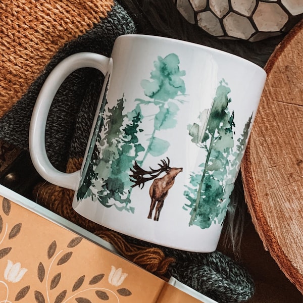 Deer and Pine Ceramic Mug, Watercolor Forest Reindeer Winter Woods Mug ...