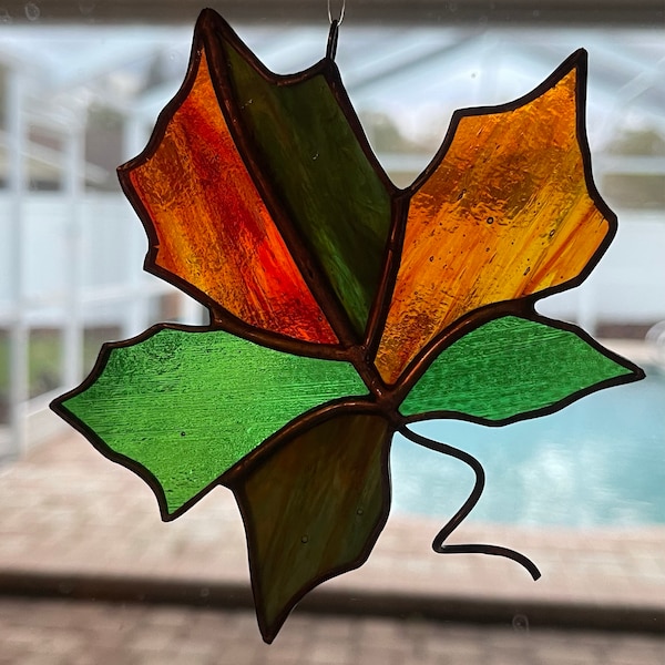 Handcrafted Stained Glass Autumn Leaves in Red-orange and Green ...