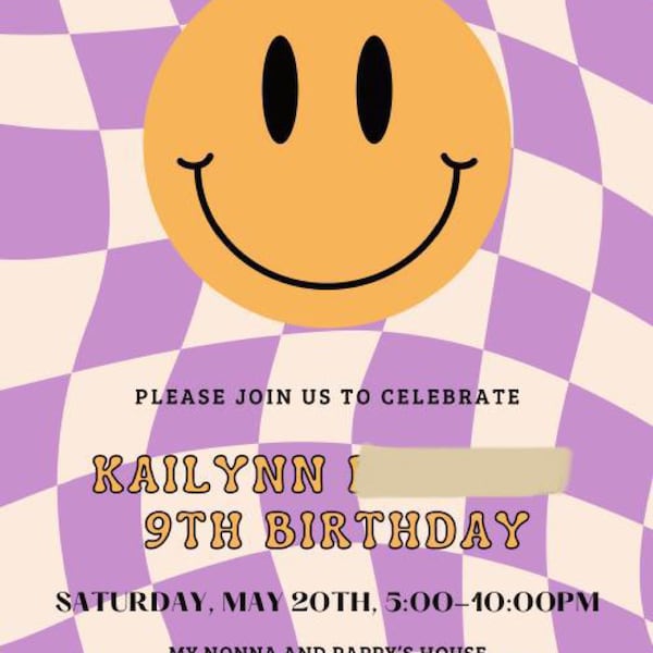Two Cool Invitation for Girl Happy Face Invite Checkered Invitation ...