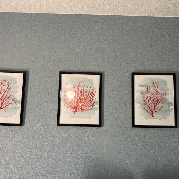Watercolor Coral Print Set of 3, Coastal Wall Art, Ocean Aqua Blue and ...