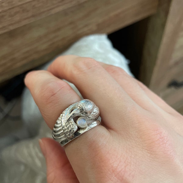 White Raven Ring - Pagan Wedding Ring With Moonstone - Sterling Silver ...