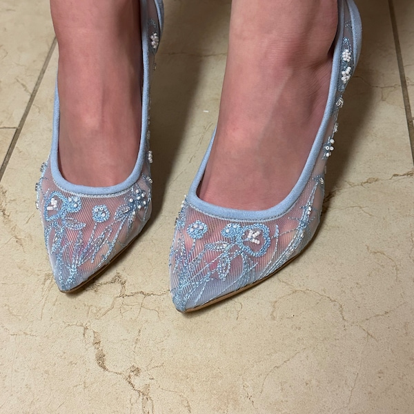 Blue Wedding Pumps With Mid Pointy Heel and Floral Embroidery, Floral ...
