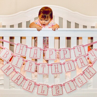 Welcome Baby Classic Light Blue Scalloped Monogram Banner Gingham ...