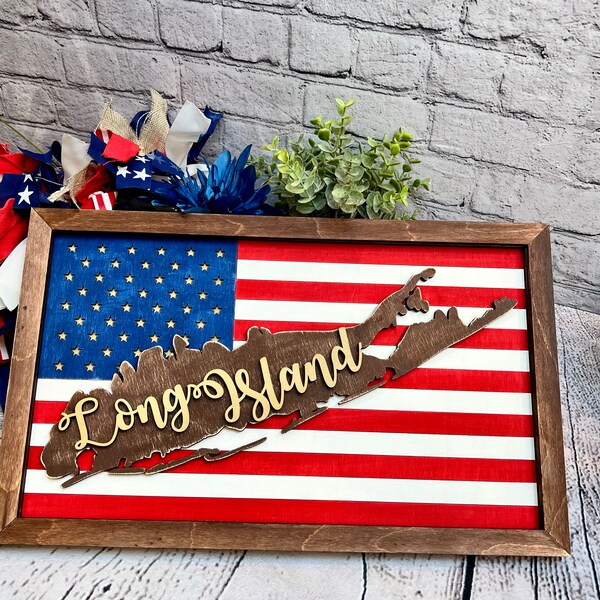LONG ISLAND Seperated Flag Sign With the American Flag and Frames, Easy ...