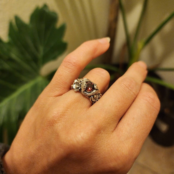 Garnet Snake and Flower Ring, Nature Inspired Ring, Magical Garden Ring ...