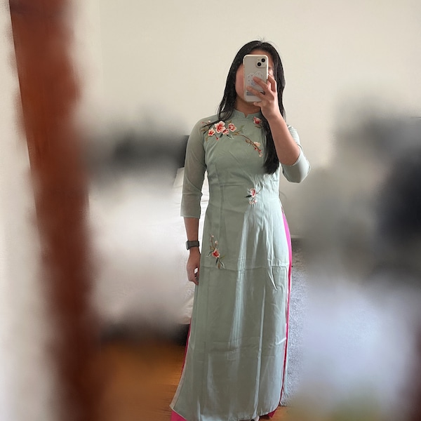 Blush Sparkle Gam Ao Dai Set Pre-made Modernized Vietnamese Ao Dai ...