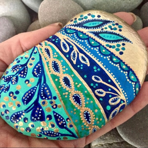 Golden Boho Floral / Painted Rocks/painted Stones/ Paperweights/ Boho ...