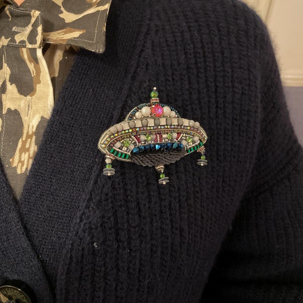 Embroidered UFO, Alien Brooch, Beaded Brooch, Flying Object, Alien ...