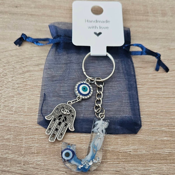 Evil Eye Keychain / Epoxy Resin Initial Letter Keychain / Hamsa Key ...