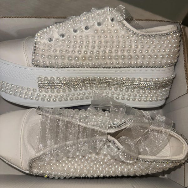 Wedding Shoes,platform Shoes, Pearl Bridal Shoes,lace Sneakers,women's ...