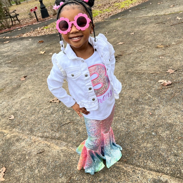 Girl Birthday Bell Bottom Outfit Set /girl Birthday Number Shirt ...