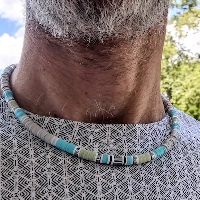 Collier heishi de surfeur blanc, turquoise et vert amande. Collier de ...