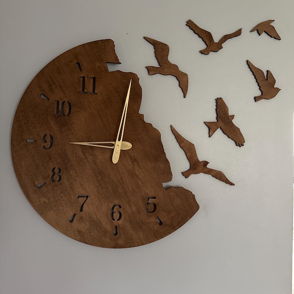 Birds Wooden Clock, Bird Flying Clock, Modern Wall Clock, Nature Wall ...