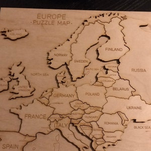Map of Europe Wooden Puzzle, Engraved Continent Educational Toy, Laser ...