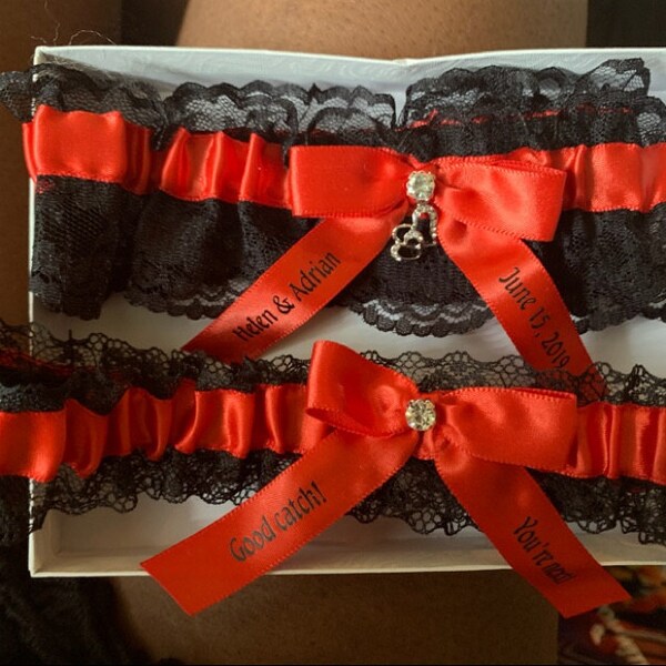 Personalized Black Lace Garter Set, Red Satin Bow, Keepsake Double ...