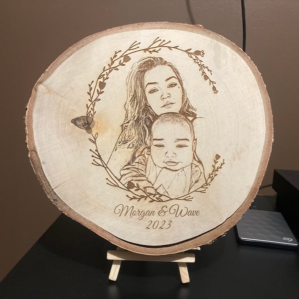 Custom Drawn&burned on Wood With Natural Bark Border/wood Burning Art ...