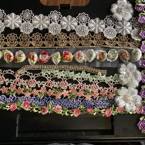 Dainty Floral Pink and Green Flower Embroidered Lace Trim, Shabby Chic ...