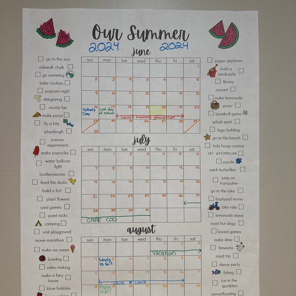 Summer Bucket List Calendar, Colorable Paper Print and Framed Dry-erase ...
