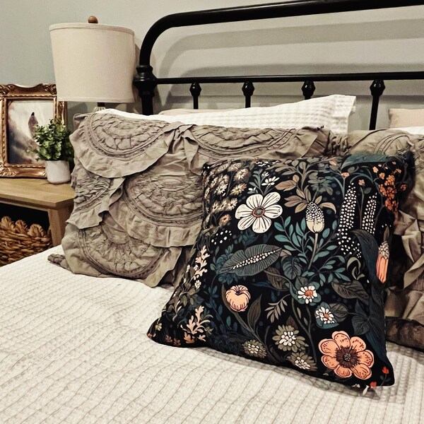 Dark Cottagecore Decor Pillow | Wildflower Cushion With Vintage Floral ...