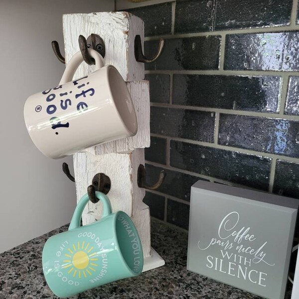 Farmhouse Coffee Mug Tree, Wooden Cup Holder, Kitchen Display Stand ...
