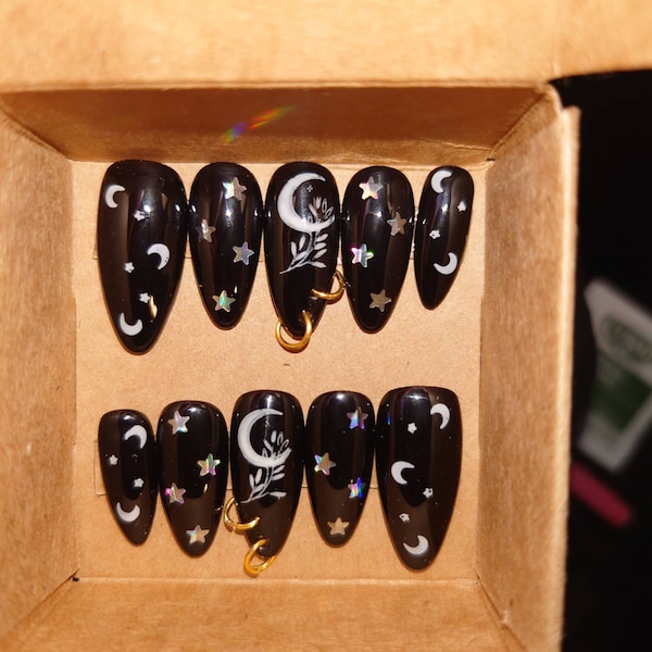 Black Star Moon Press on Nails: Long Stiletto Accent Hoop Nail - Etsy