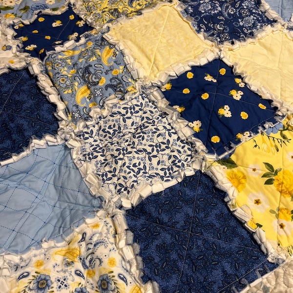 Bellflower Large Rag Quilt Throw - Blues, Navy, Taupe, White - Etsy