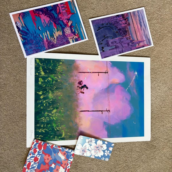 A4 Risograph Print. Slow Train Through Sunset Snowy Mountain Bridge. 2 Colour Landscape Riso ...