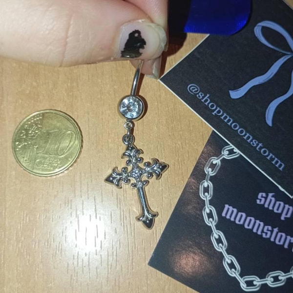 14G Silver Goth Cross Belly Ring Surgical Steel Stainless Body Jewelry ...