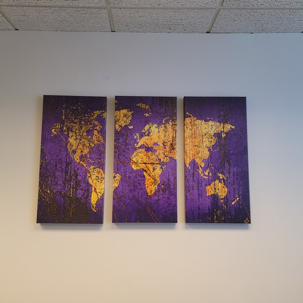 Abstract Purple World Map Canvas Print - 3 Panel Split (triptych). Dark ...