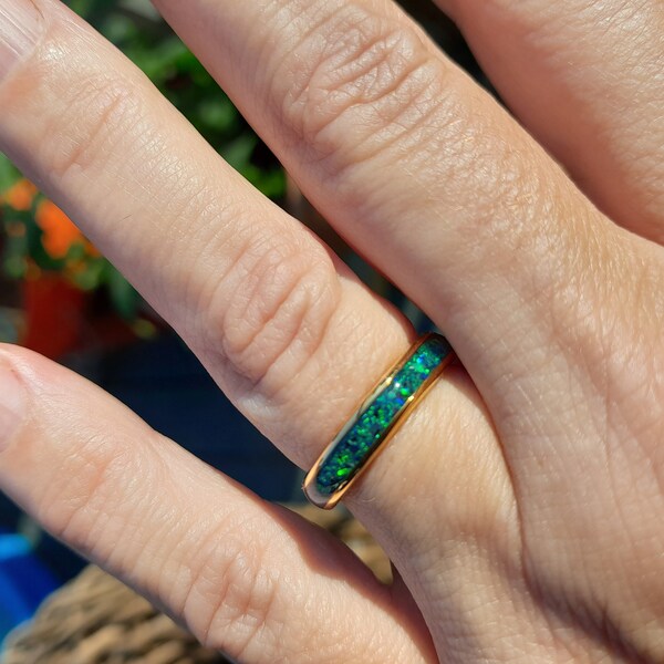 Emerald Coast Ring, 4mm Tungsten Wedding Band, Black Emerald Opal Ring ...