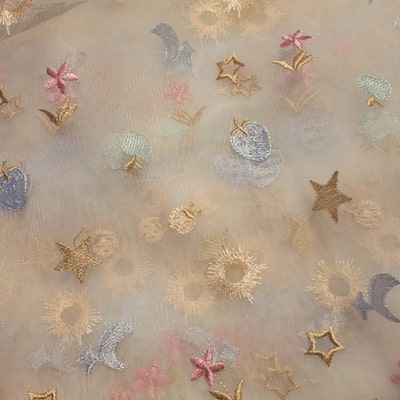 Lace Fabric Blue Fruit Gold Moon Star Floral Embroidery Wedding Lace ...