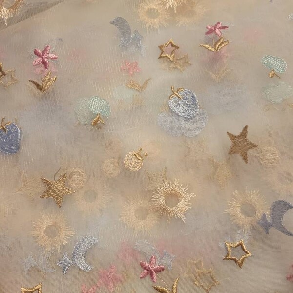 Lace Fabric Blue Fruit Gold Moon Star Floral Embroidery Wedding Lace ...