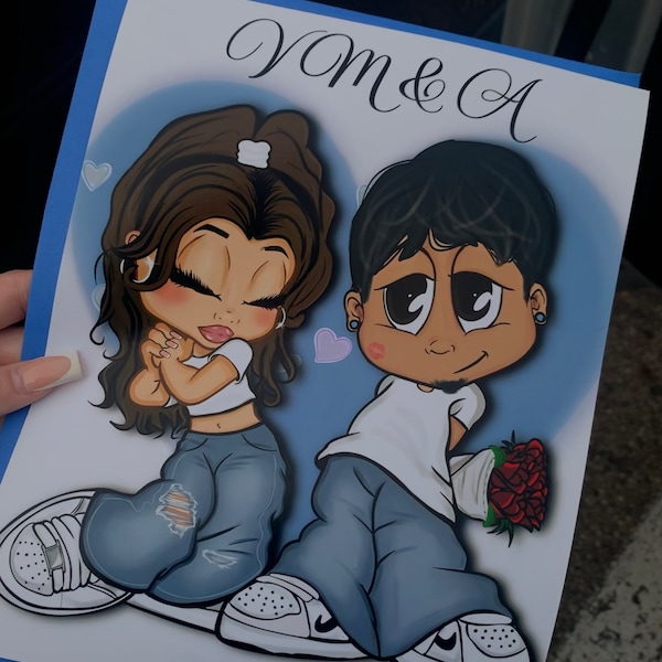 Y2k Custom Cartoon Chicano Couple Digital Art Portrait, Anniversary ...