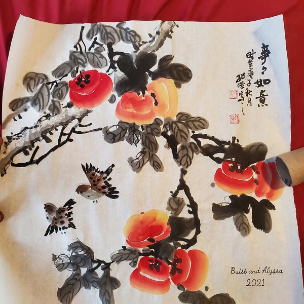 Original Chinese Water Ink Painting of Gourds and Birds on Rice Paper ...